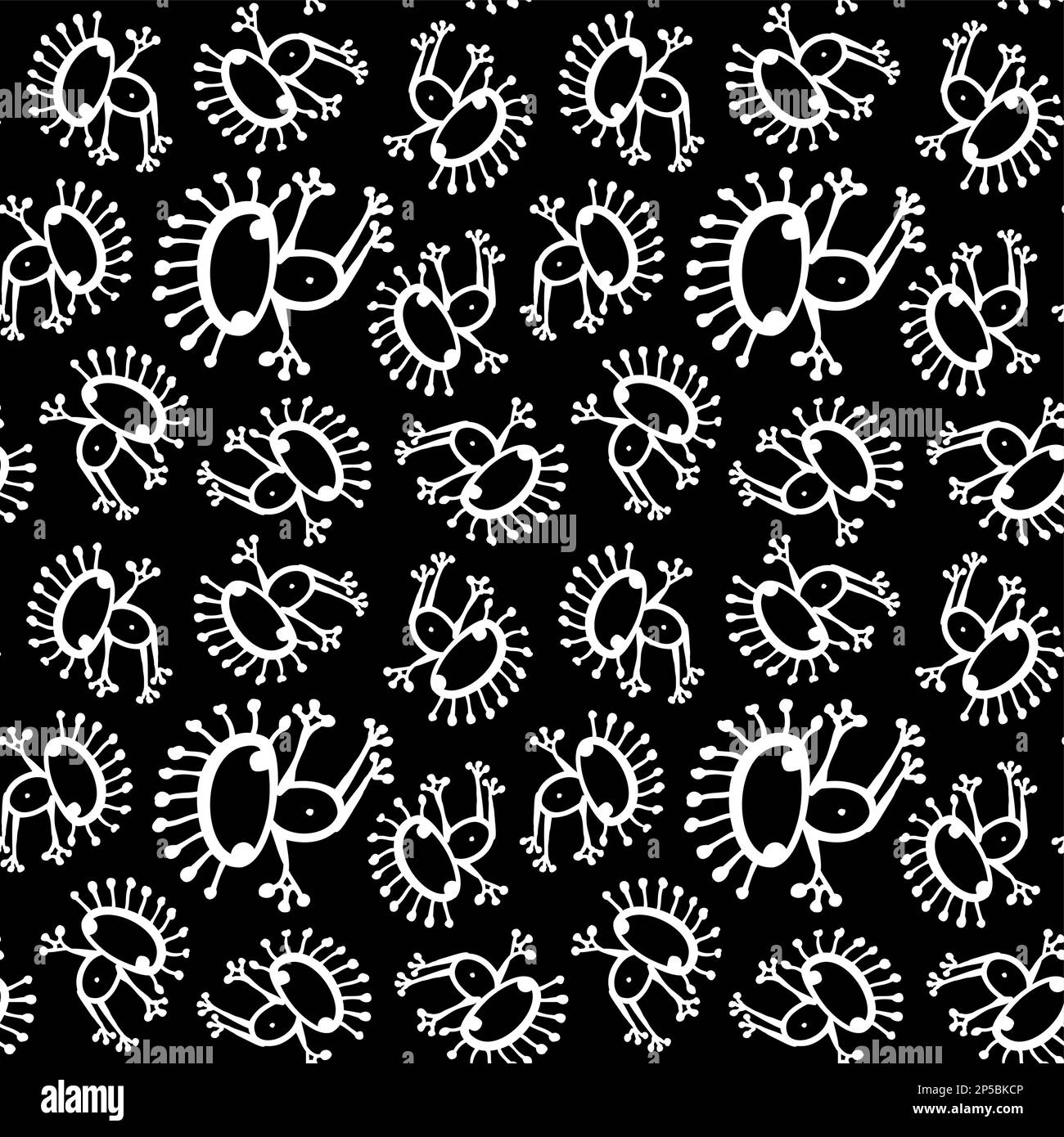 Black white monochrome doodle alien frog seamless pattern vector Stock ...
