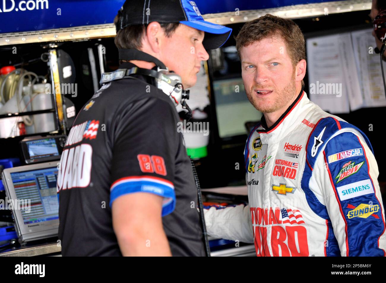 Dale Earnhardt Jr (right) and Steve Letarte (left) during practice for ...