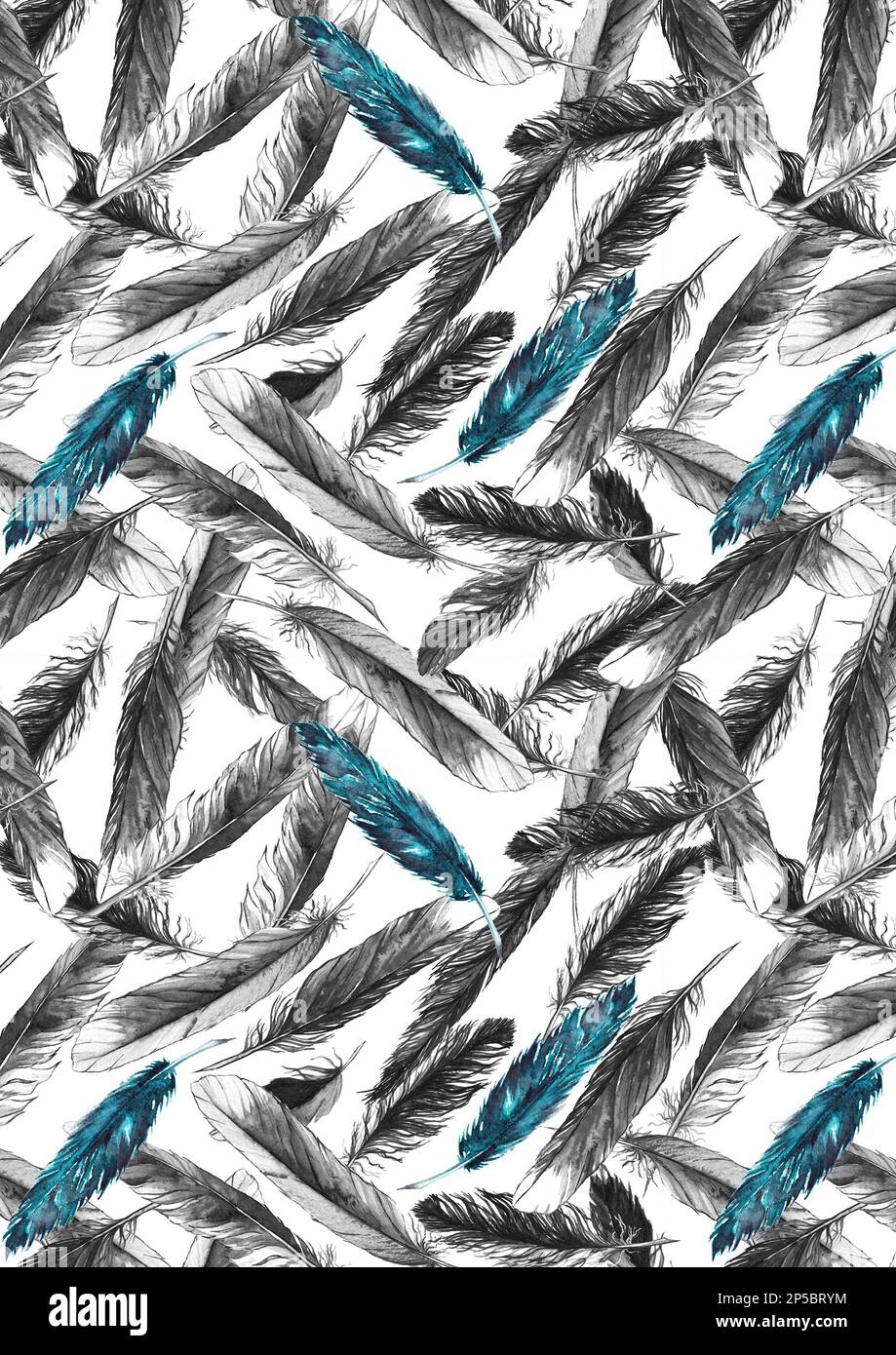 Watercolor black and white monochrome feather background pattern ...