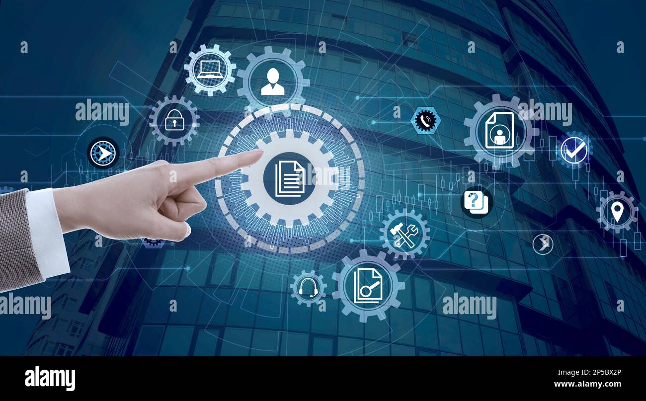 Business process. Woman touching virtual screen with different icons ...