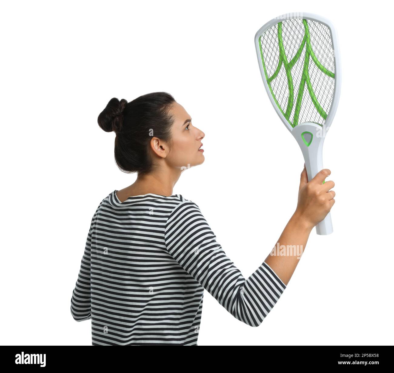 Young woman with electric fly swatter on white background. Insect ...