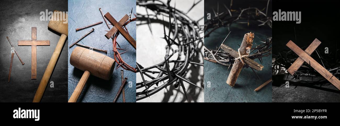 Collage for Good Friday with crosses, mallets, nails and crowns of ...