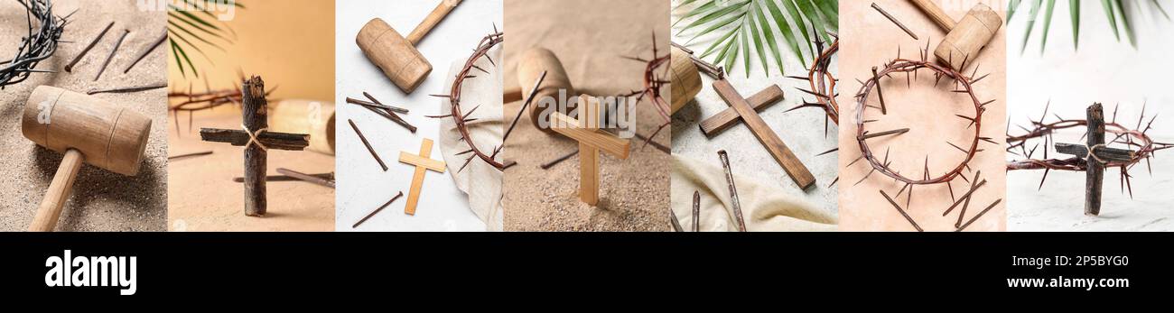 Collage for Good Friday with crosses, mallets, nails and crowns of ...