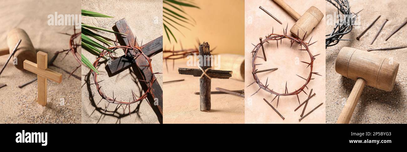 Collage for Good Friday with crosses, mallets, nails and crowns of ...