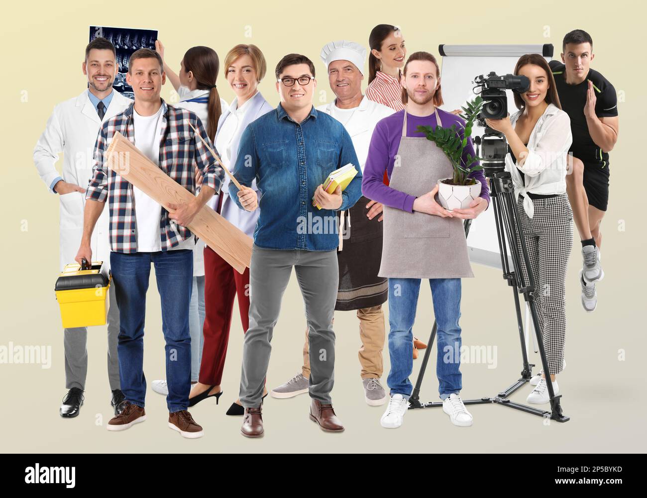 Choosing profession. People of different occupations on light ...