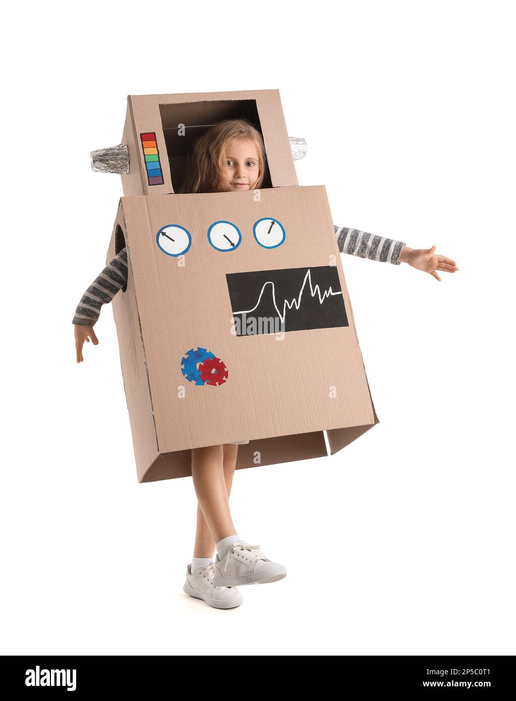 Little girl in cardboard robot costume on white background Stock Photo ...