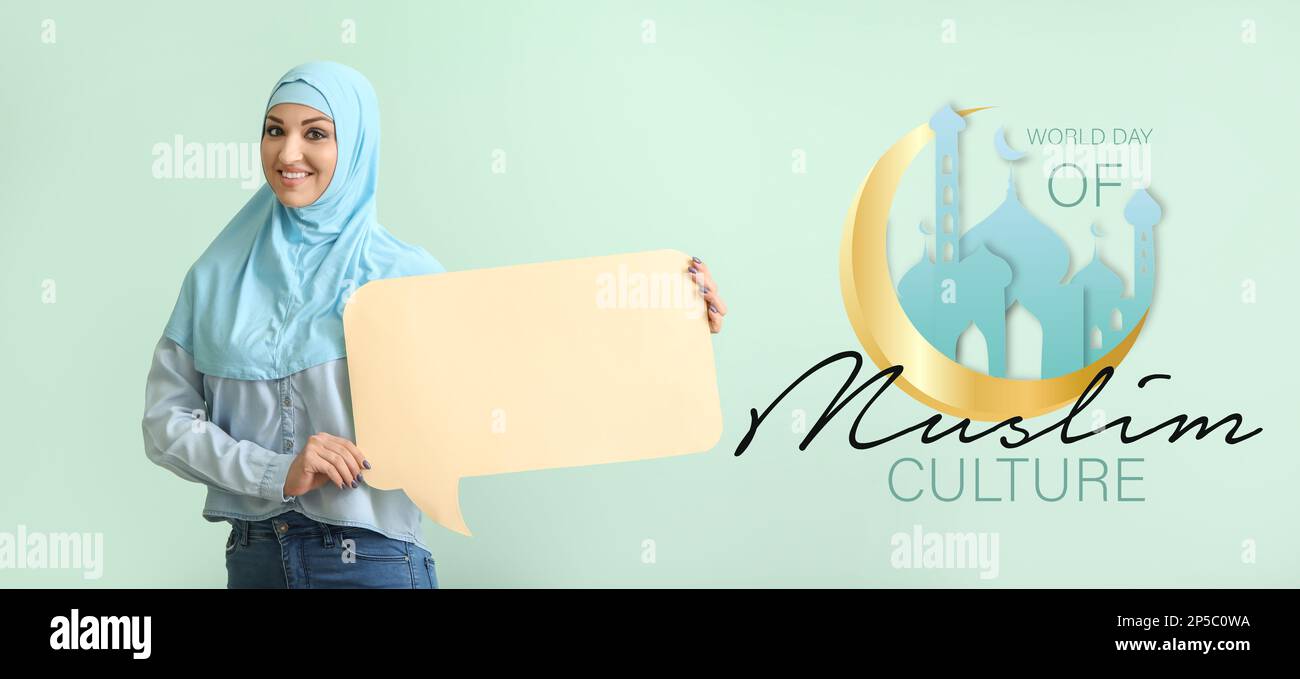 Young Arabian woman with blank speech bubble on color background. World ...