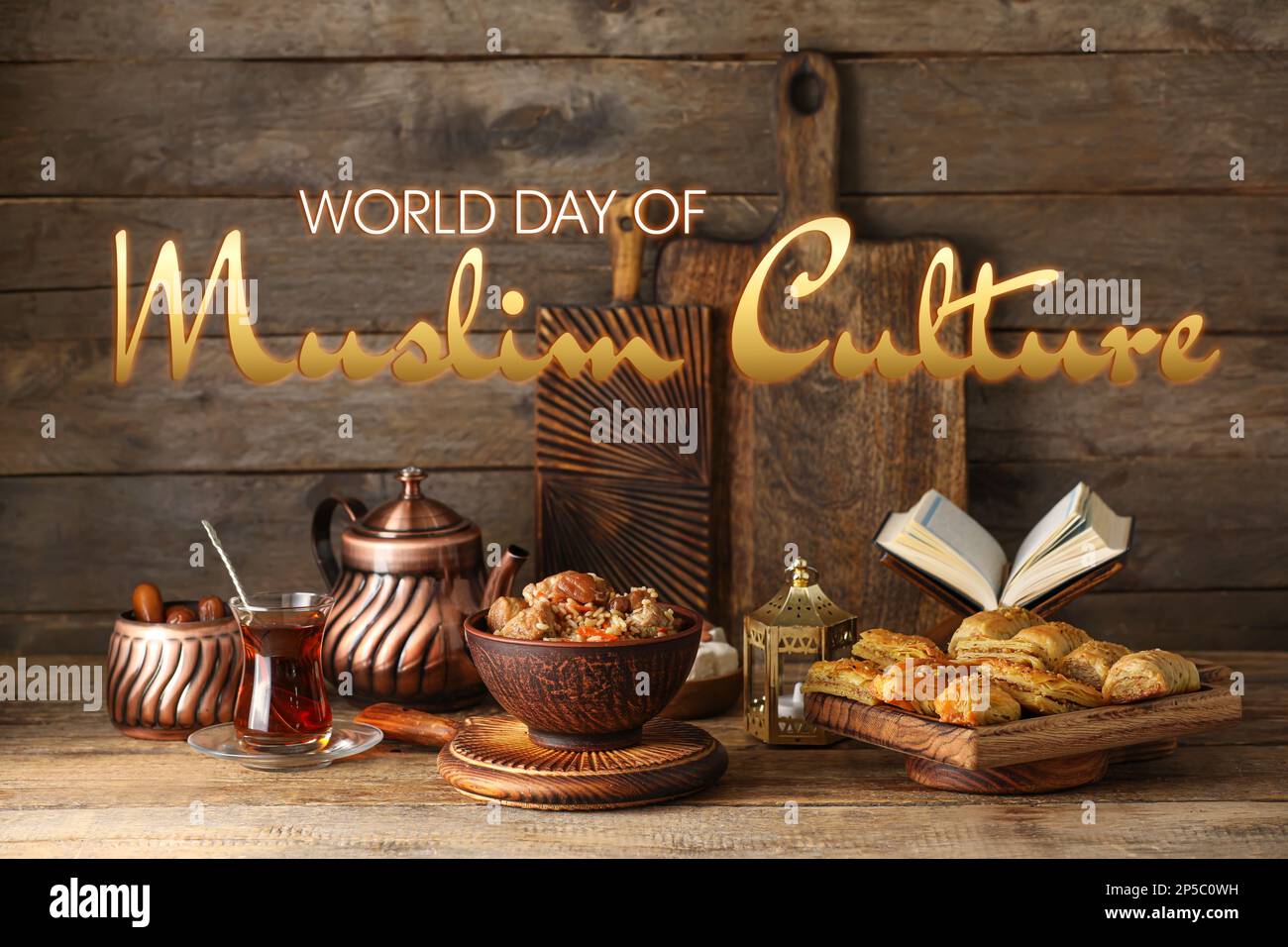Traditional Arabic food on wooden background. World Day of Muslim ...
