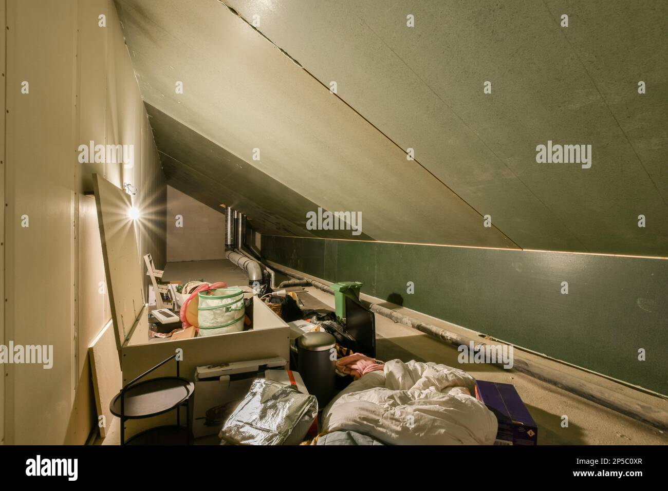 a messy room in an attic with lots of stuff on the floor, and a green ...