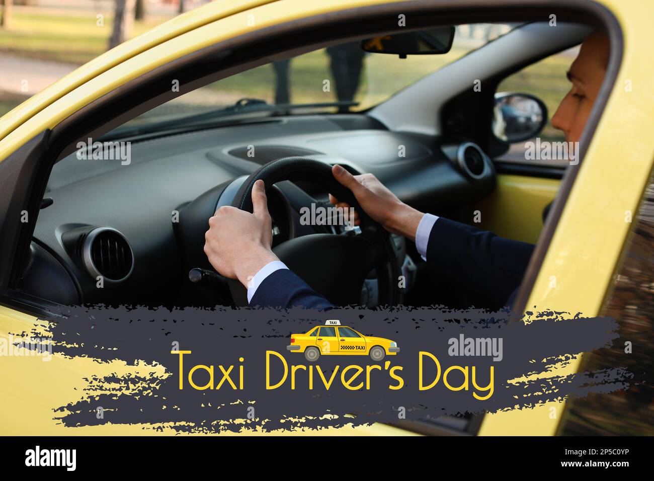 Banner for International Taxi Driver's Day with man in car Stock Photo ...