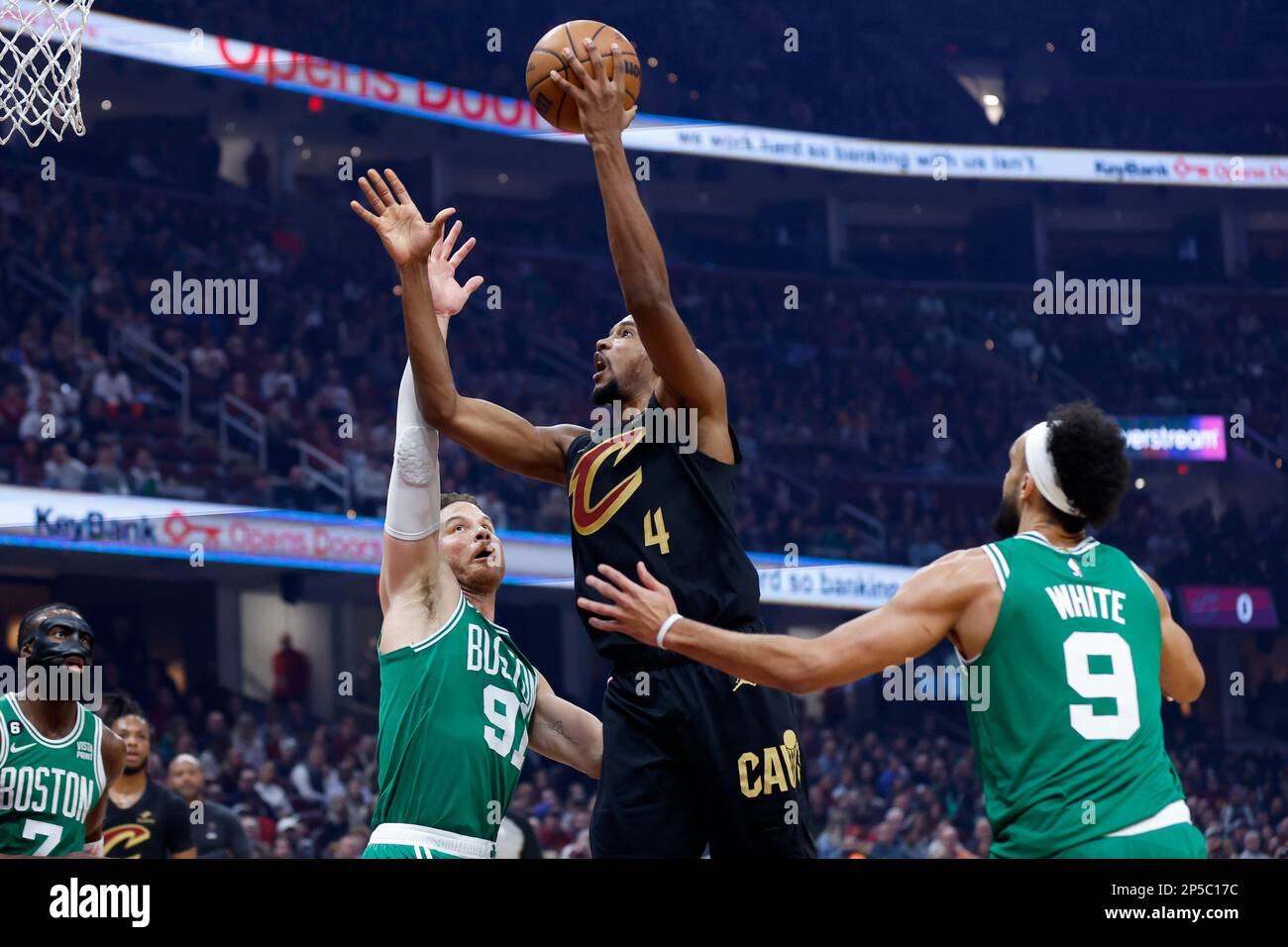Cleveland Cavaliers forward Evan Mobley (4) shoots against Boston ...