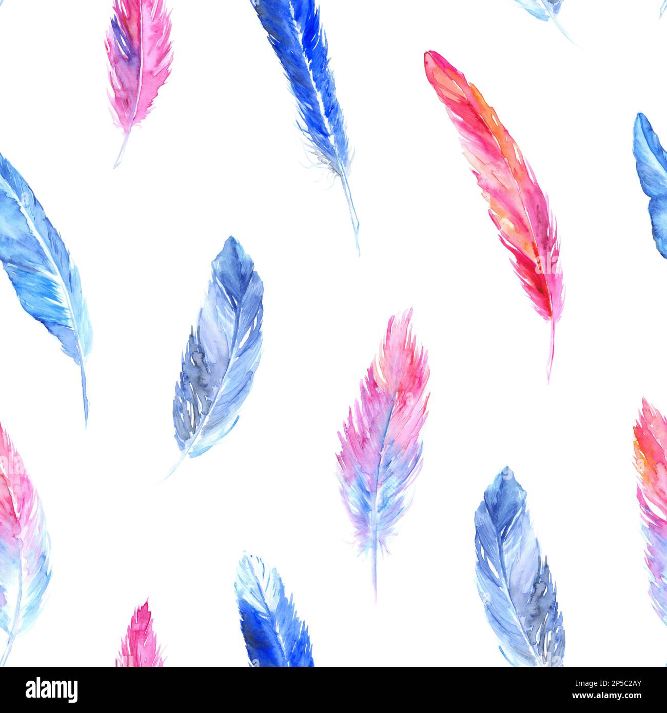 Watercolor colorful pink blue bird feather seamless pattern texture ...