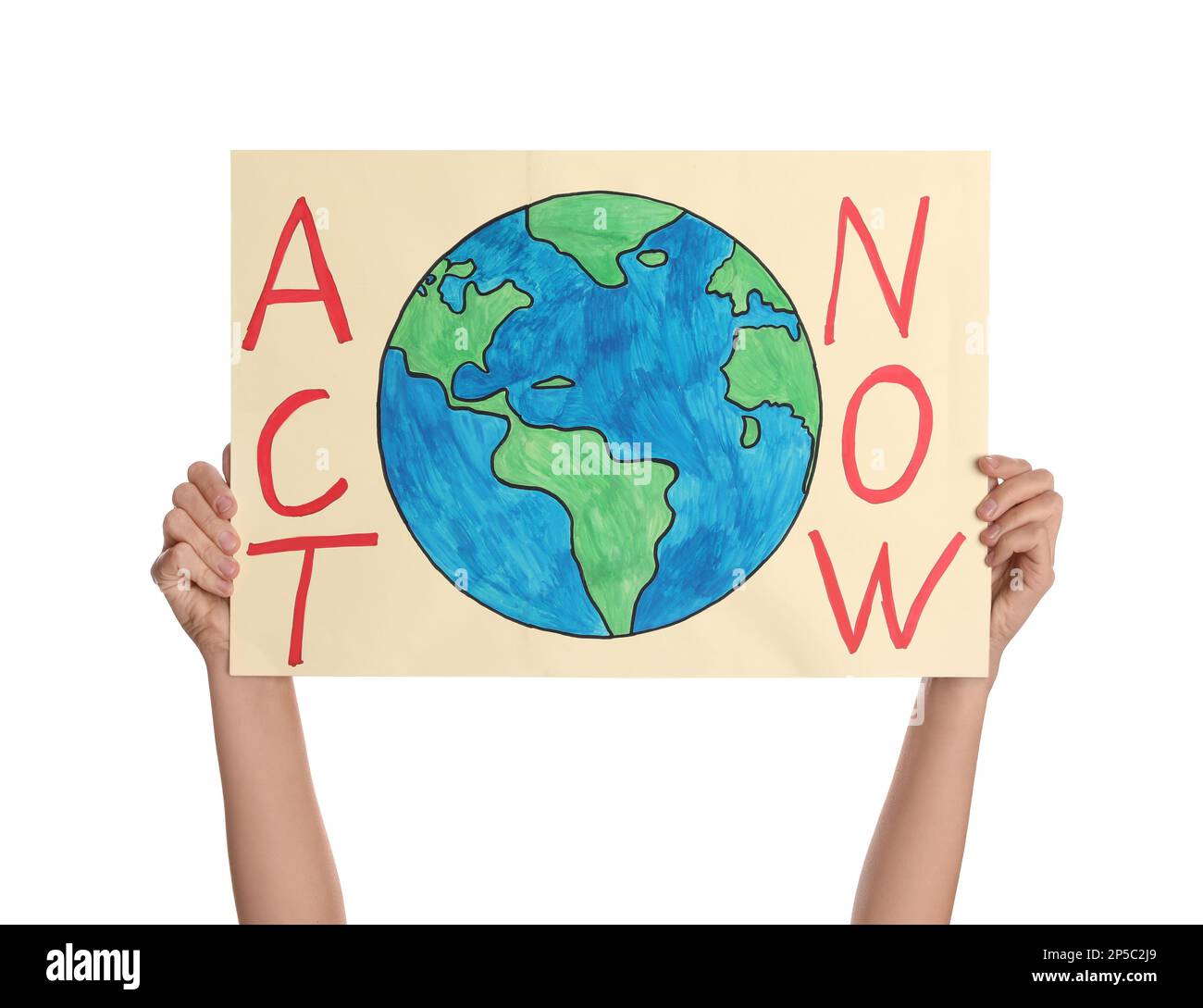 Protestor holding placard with text Act Now on white background ...