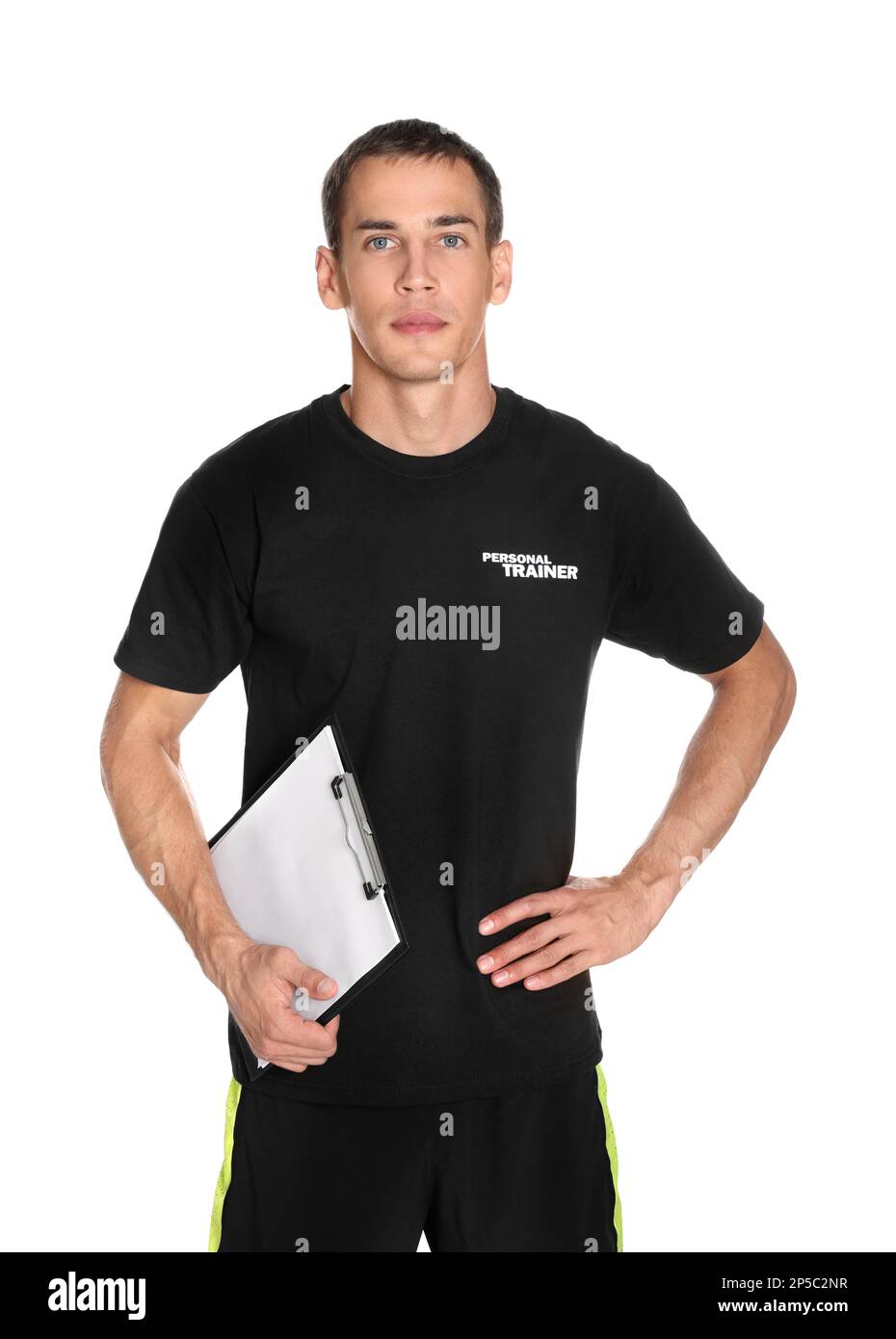 Portrait of personal trainer with clipboard on white background. Gym ...