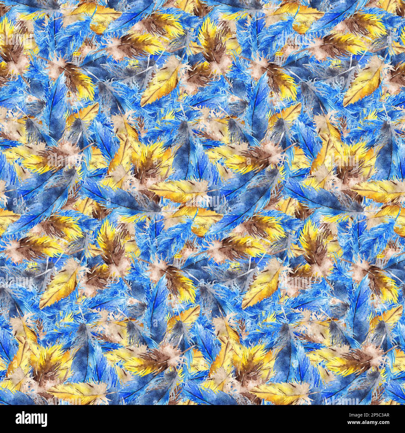 Watercolor blue jay yellow parrot bird feather seamless pattern texture ...