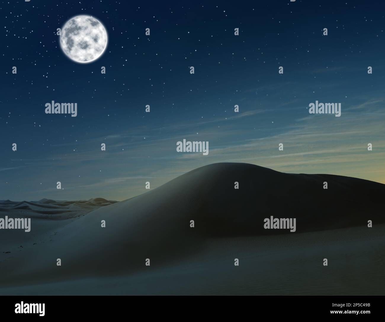Scenic view of sandy desert under starry sky with full moon in night ...