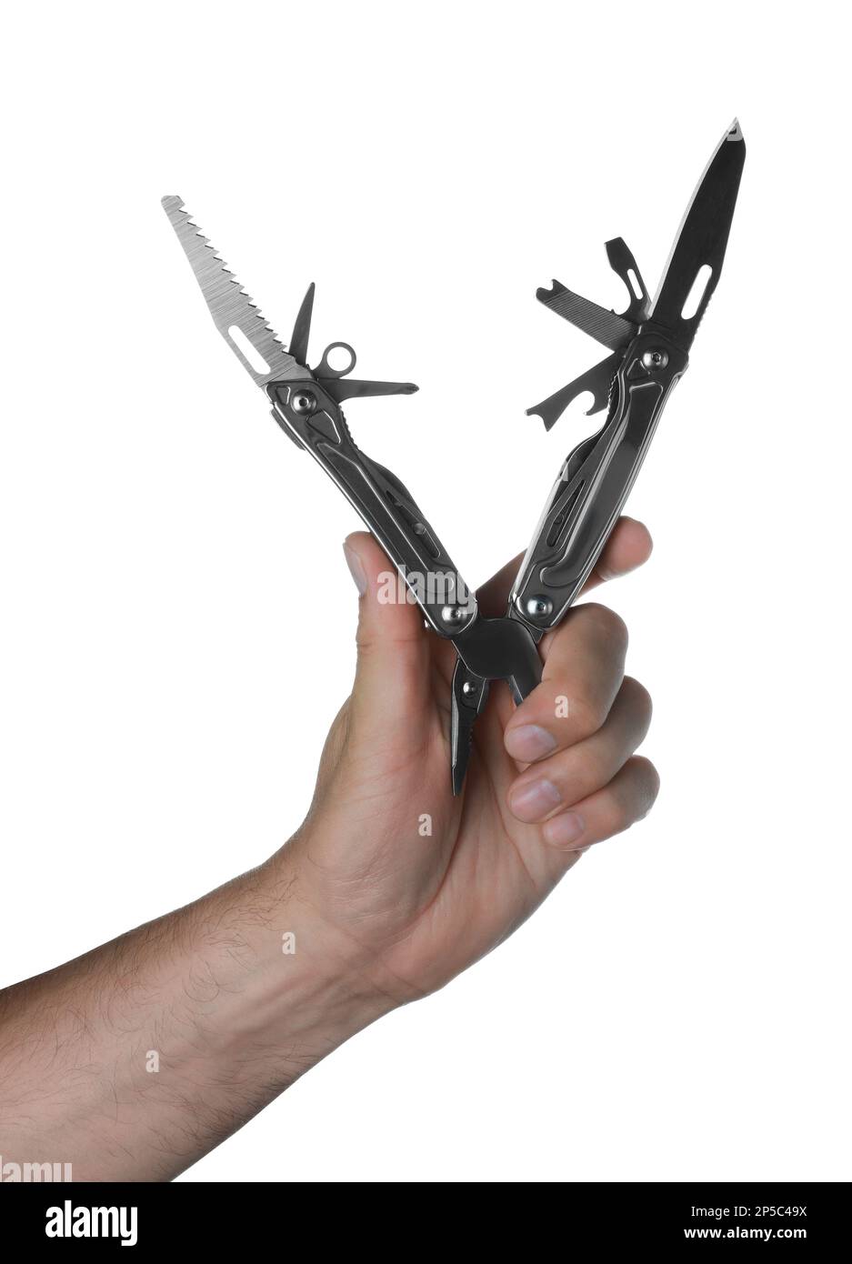 Man holding multitool on white background, closeup Stock Photo - Alamy