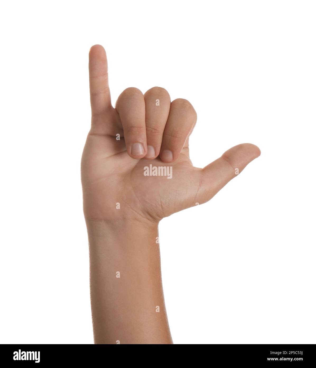 Teenage boy showing call me gesture on white background, closeup Stock ...