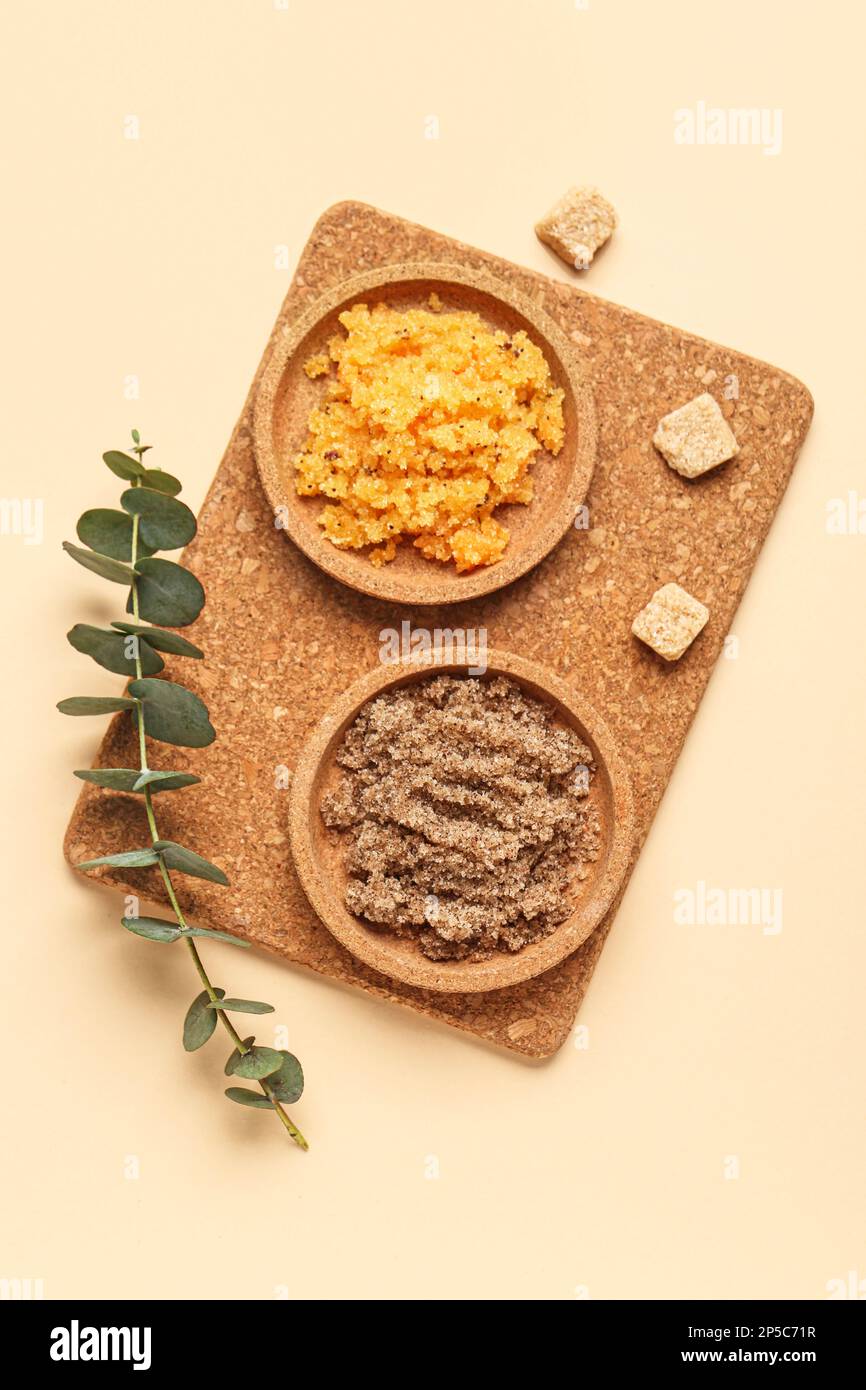 Composition with plates of body scrub, cane sugar and eucalyptus branch ...