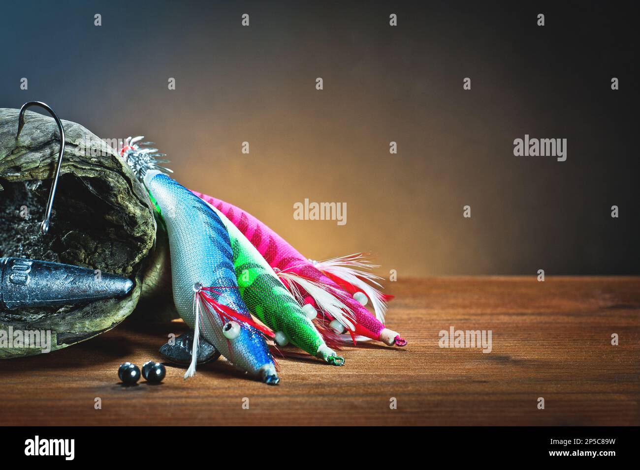 Artificial bait for fishing with hooks and sinkers on wood, for ...