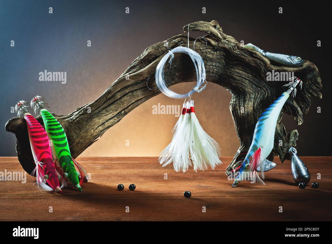 Artificial bait for fishing with hooks and sinkers on wood, for ...