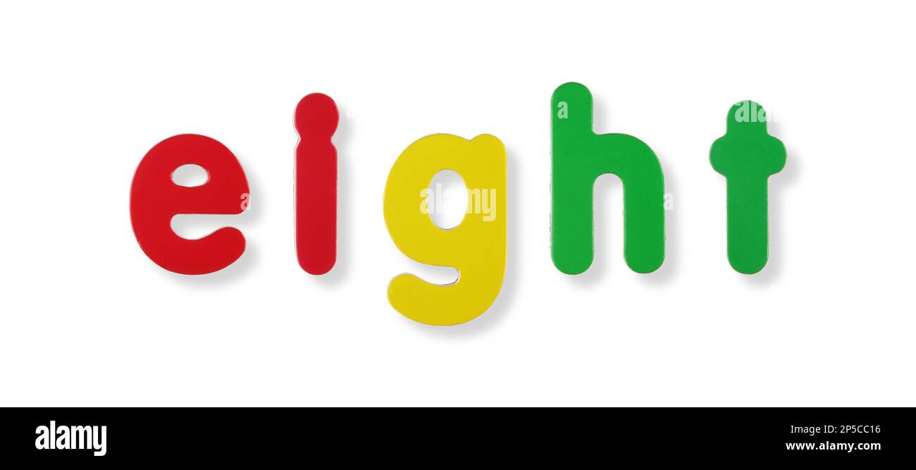 Eight word in coloured magnetic letters on white with clipping path ...