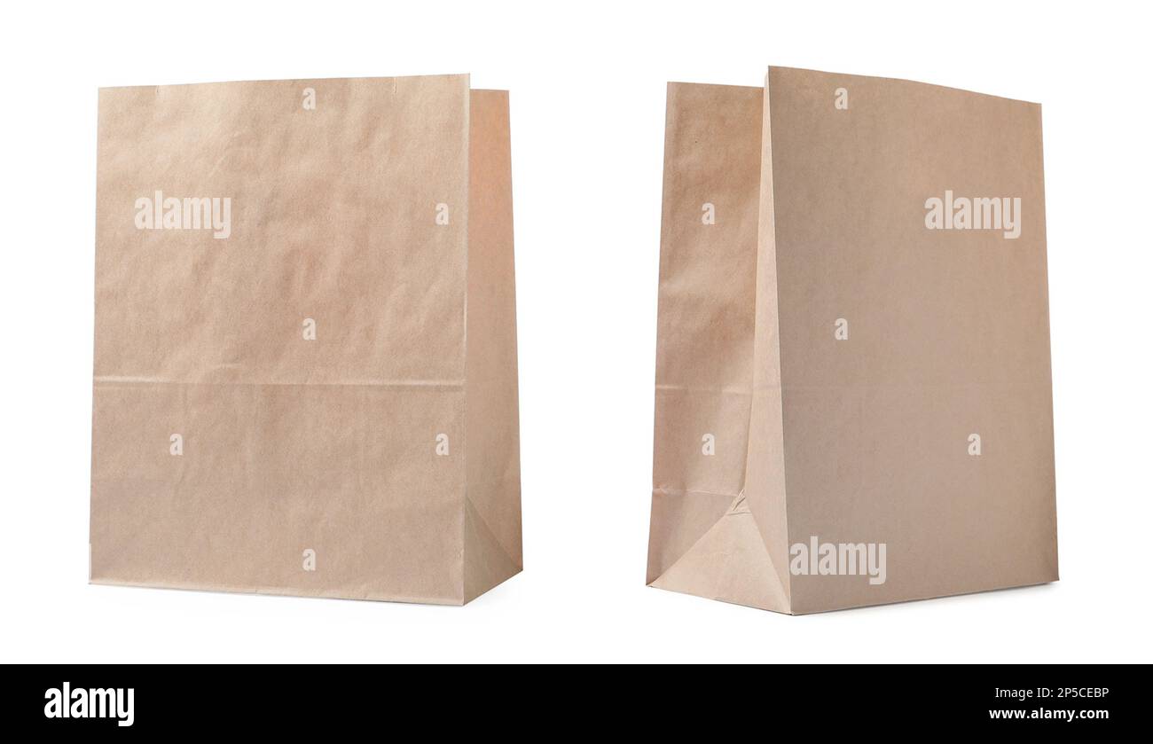 Open kraft paper bags on white background, collage Stock Photo - Alamy