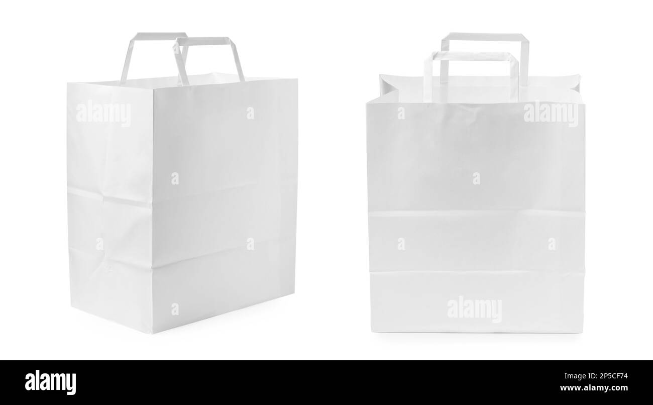 Two paper bags on white background, collage Stock Photo - Alamy