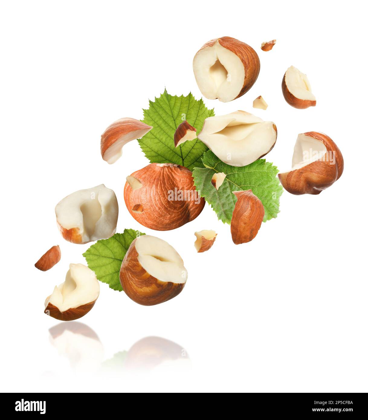 Pieces of tasty hazelnuts falling on white background Stock Photo - Alamy