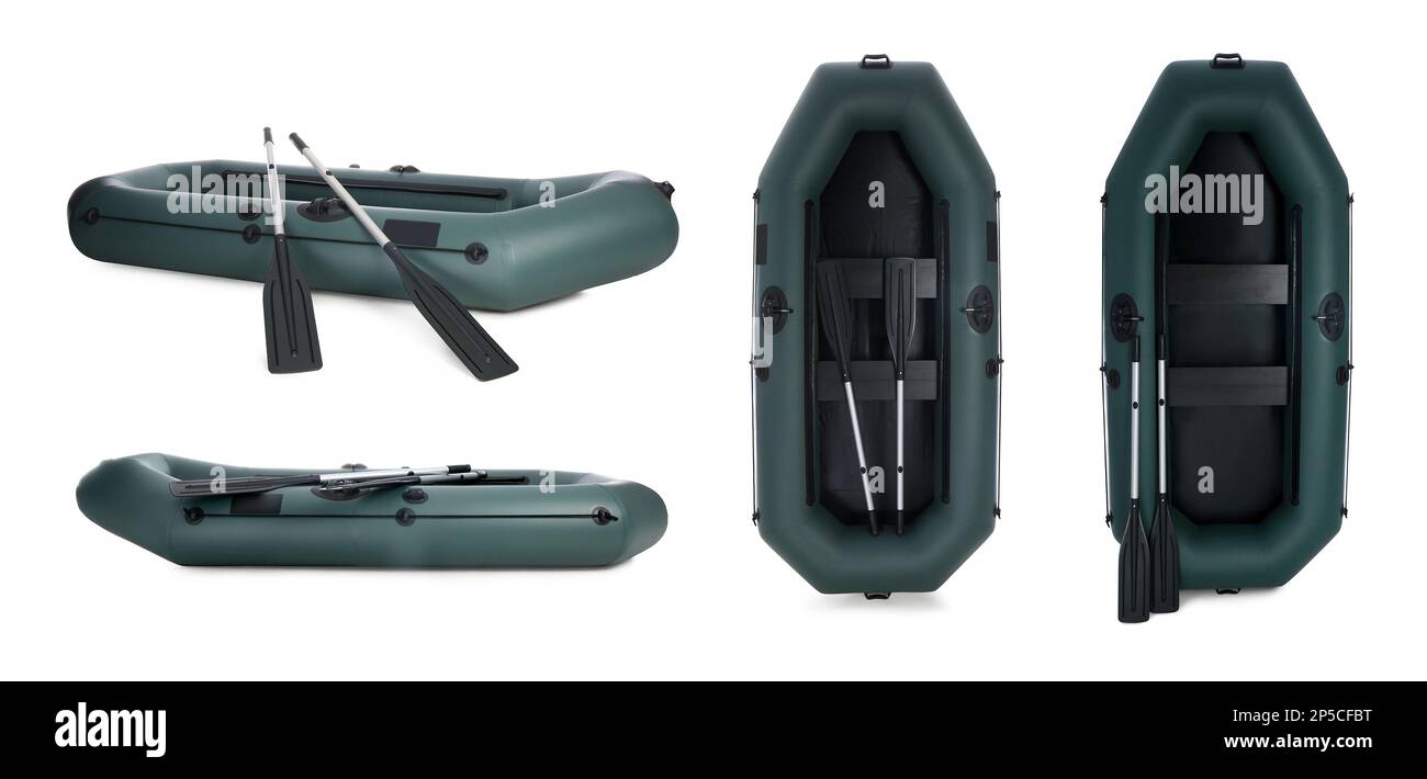 Set with inflatable rubber fishing boats on white background, top view ...