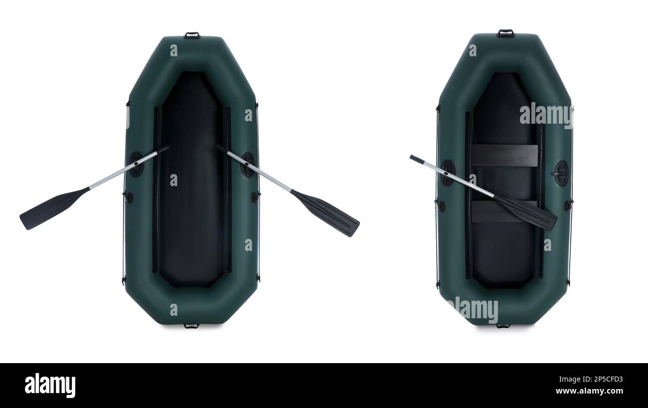 Inflatable rubber fishing boats on white background, collage. Banner ...