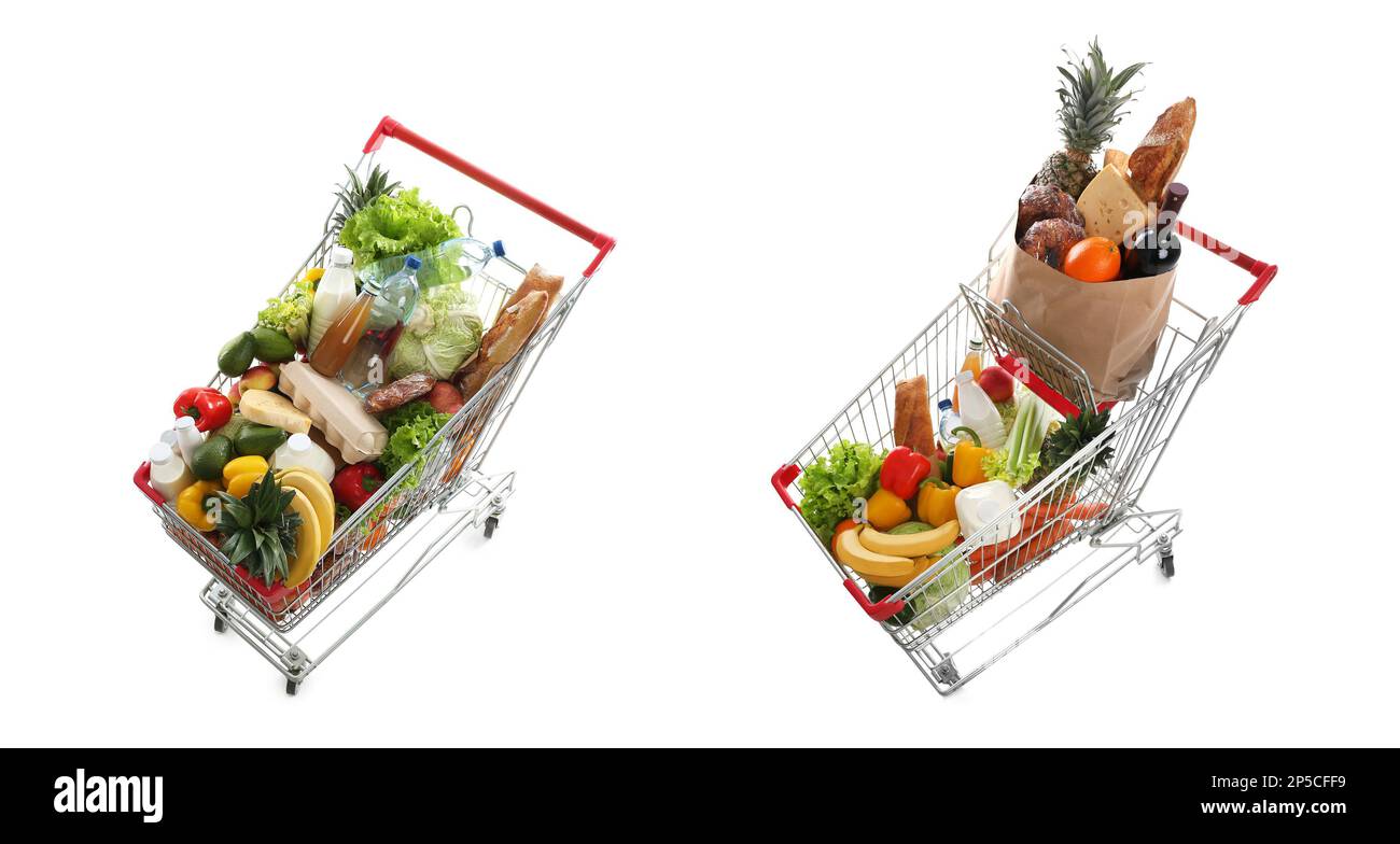 Shopping carts full of groceries on white background, collage Stock ...
