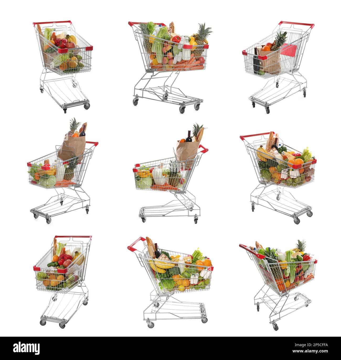 Set with shopping carts full of groceries on white background Stock ...
