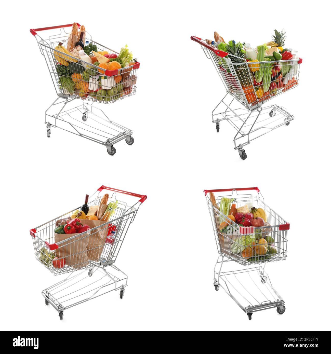 Set with shopping carts full of groceries on white background Stock ...