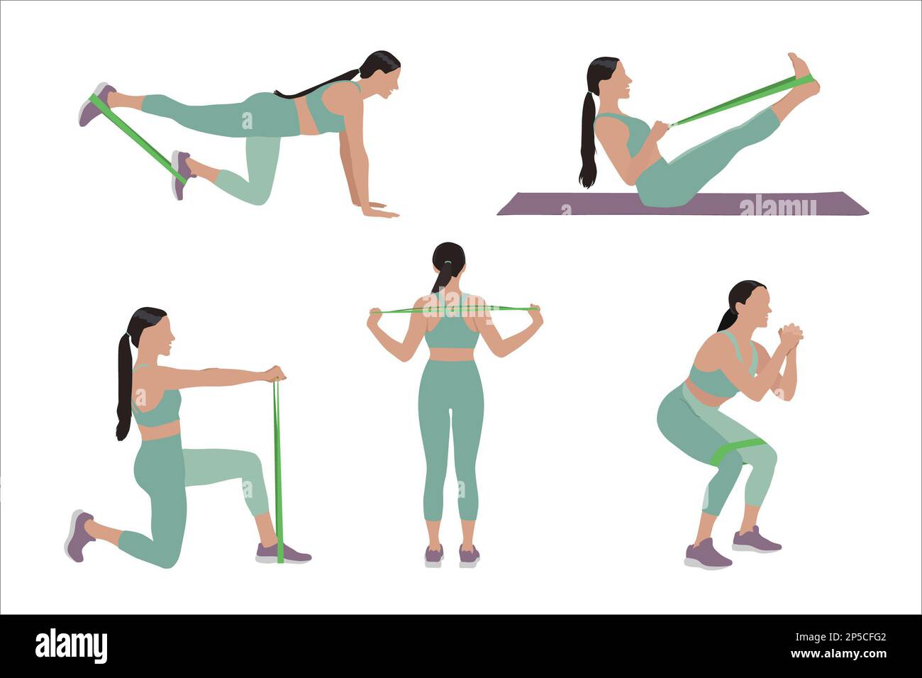 Woman doing exercises with fitness elastic band on white background ...