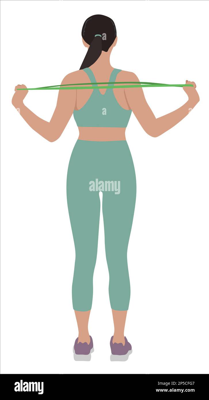 Woman doing exercise with fitness elastic band on white background ...