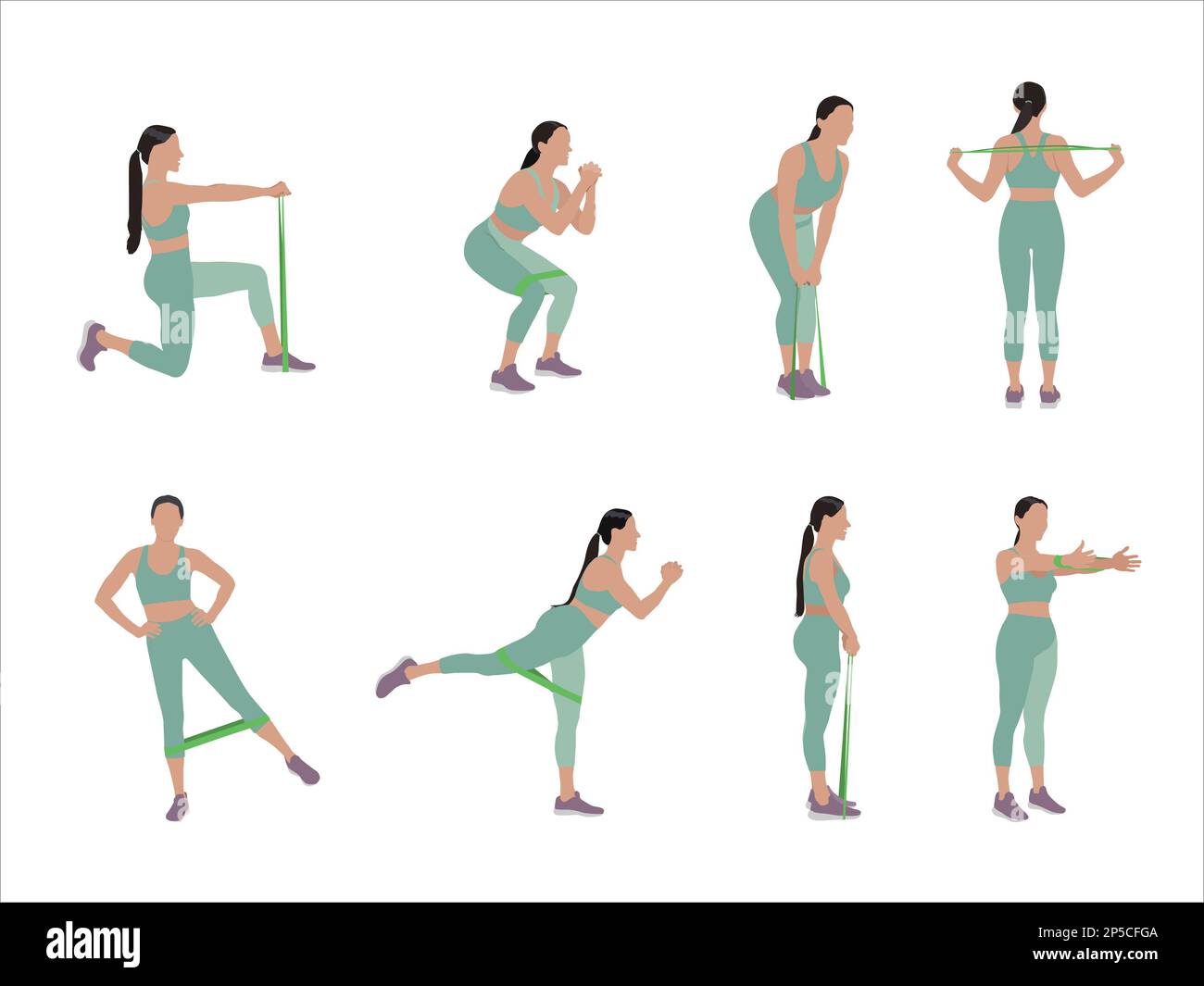 Woman doing exercises with fitness elastic band on white background ...