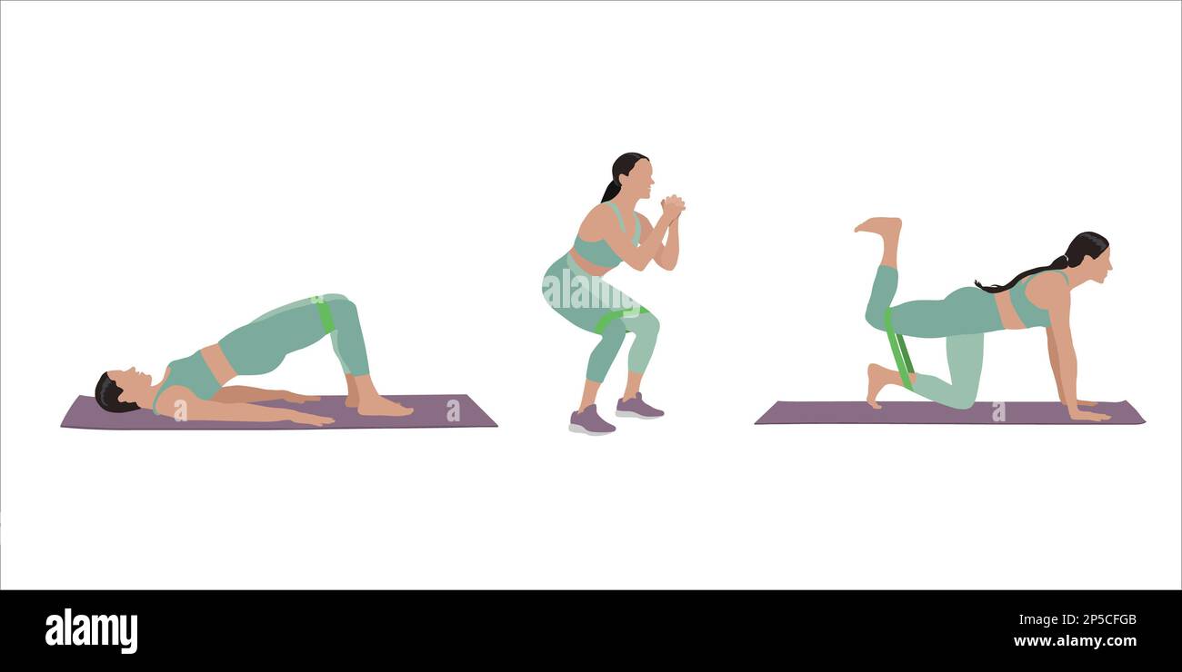 Woman doing exercises with fitness elastic band on white background ...