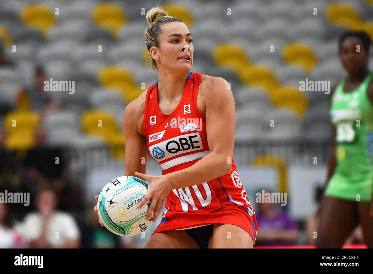 Allie Smith of the Swifts looks to pass during the Super Netball pre-season match between the ...