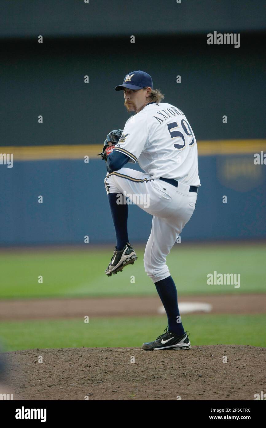 MILWAUKEE, WI - JULY 31: John Axford #59 of the Milwaukee Brewers ...
