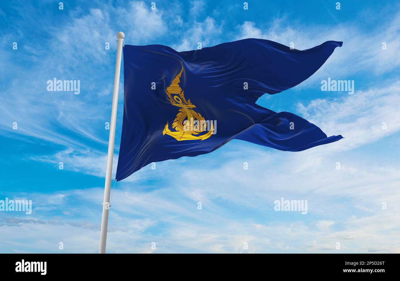 official flag of Navy Fleet Commander Thailand at cloudy sky background ...
