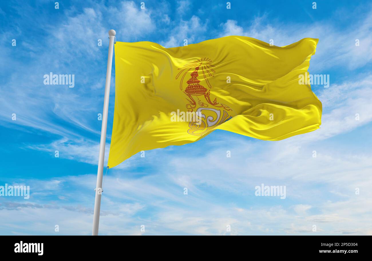 official flag of Royal King Rama X Thailand at cloudy sky background on ...