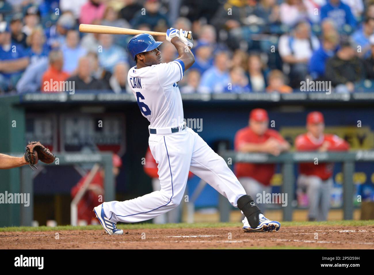 Kansas City Royals Lorenzo Cain watches a hit as he bats during a ...