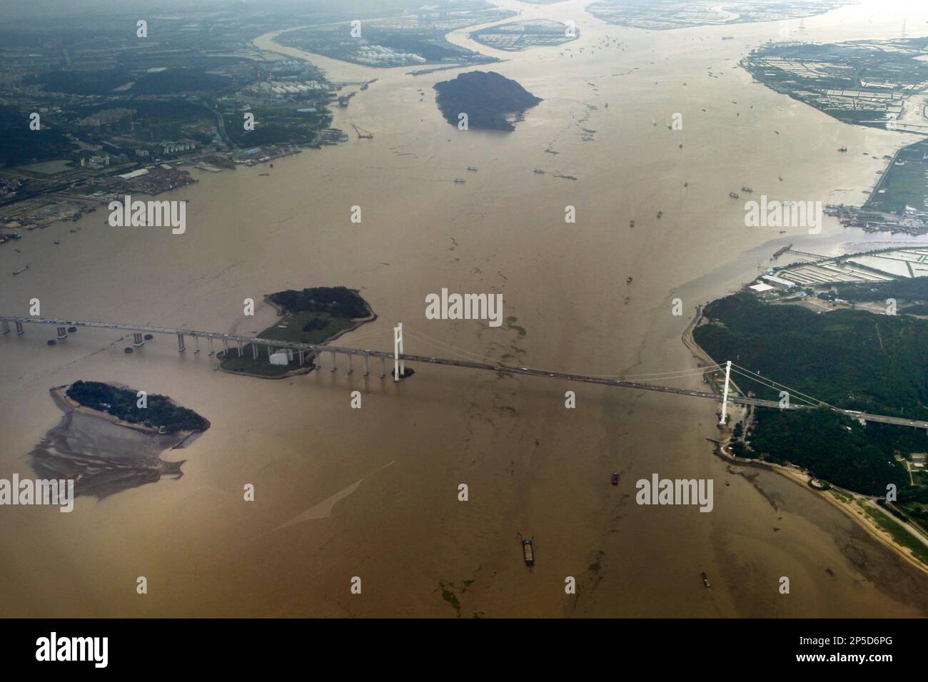 A bird view of the Pearl River and the Humen Bridge in Dongguan city in ...