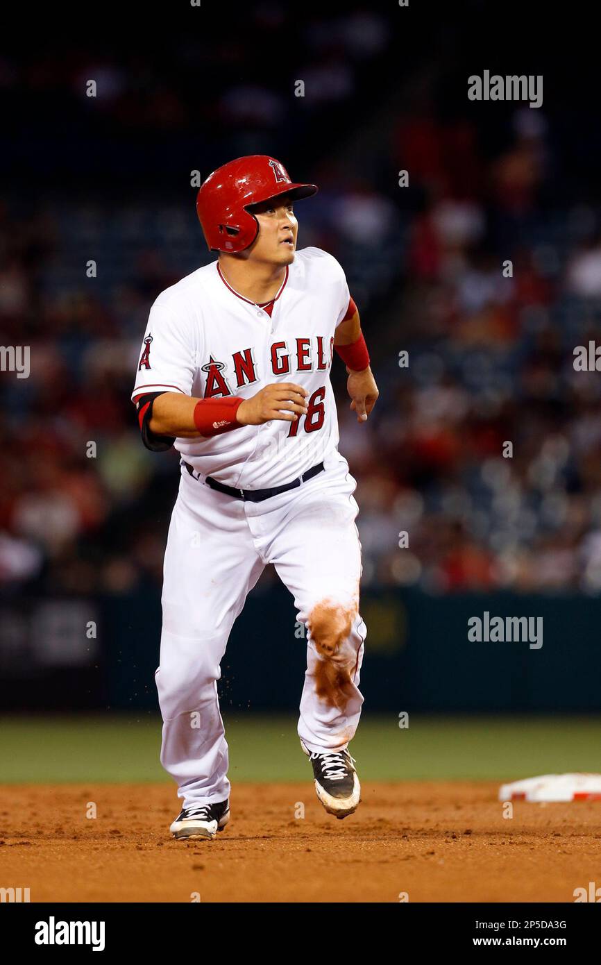 Hank Conger #16 of the Los Angeles Angels runs the bases during a game ...