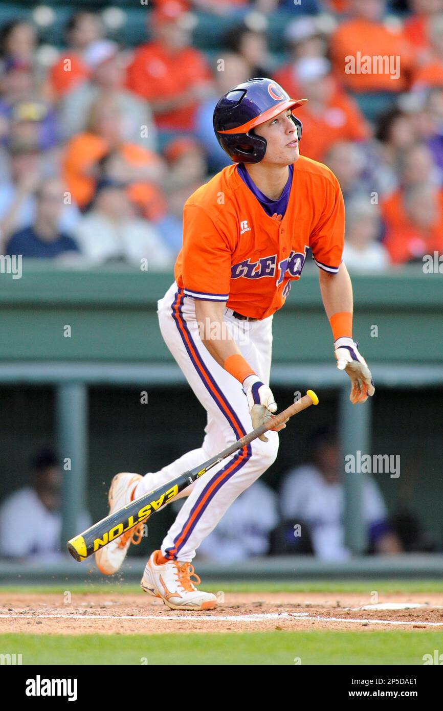 Infielder Tyler Krieger (3) of the Clemson Tigers bats in a game ...
