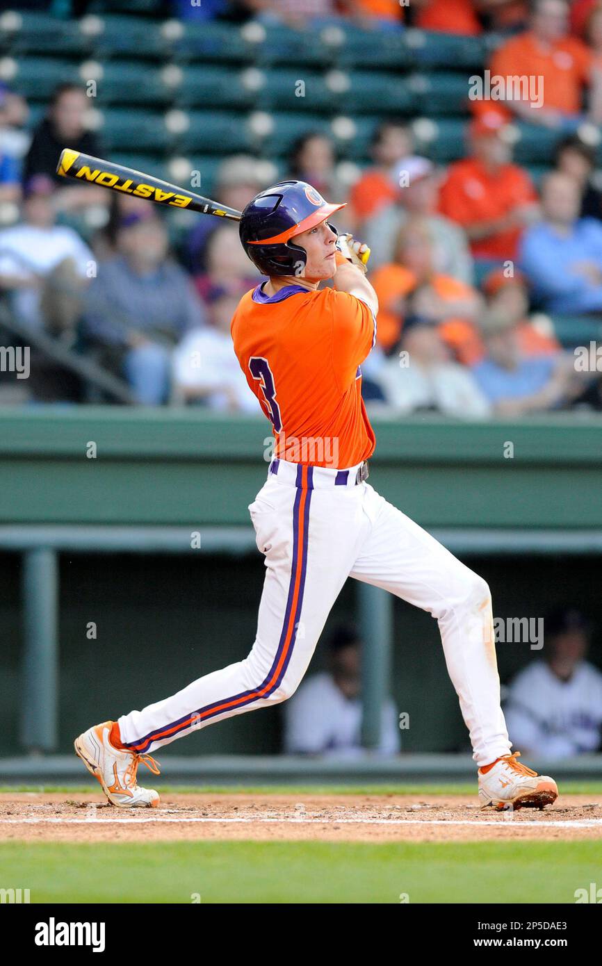 Infielder Tyler Krieger (3) of the Clemson Tigers bats in a game ...