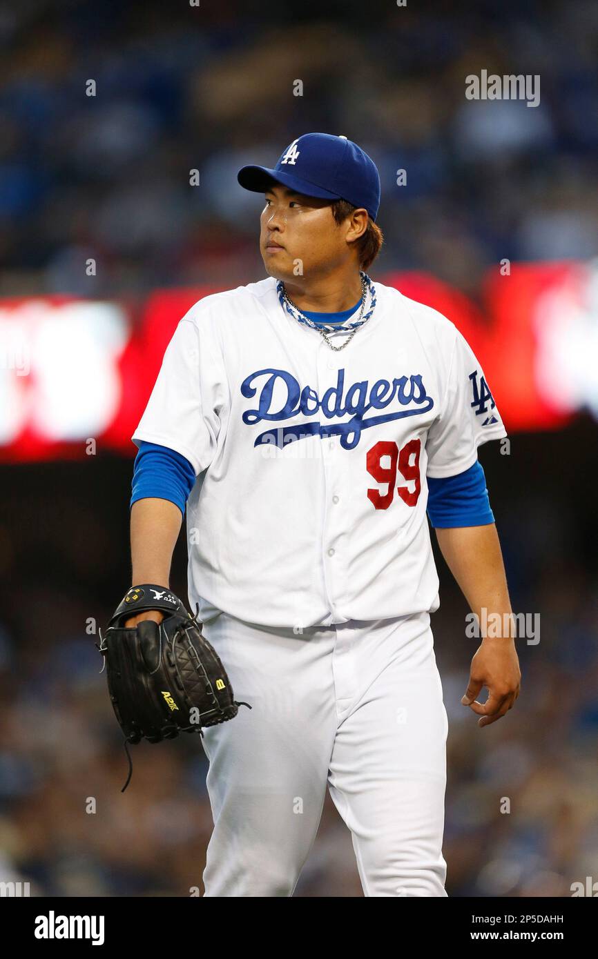 Hyun-Jin Ryu #99 of the Los Angeles Dodgers during a game against the Colorado Rockies at Dodger ...