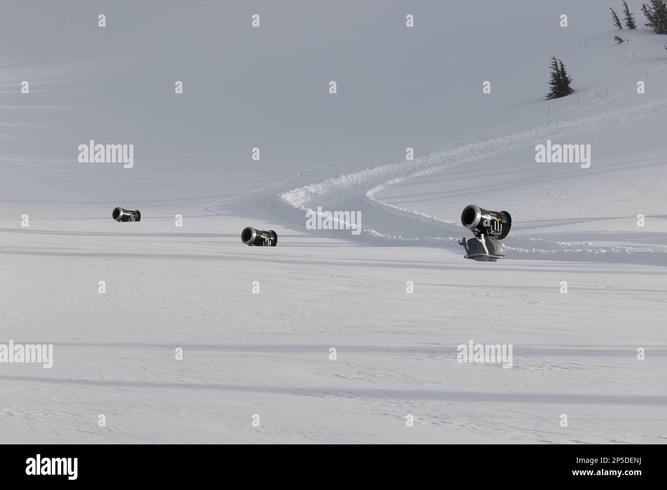 Black snow making machines on the Broadway ski run at Mammoth Mountain ...