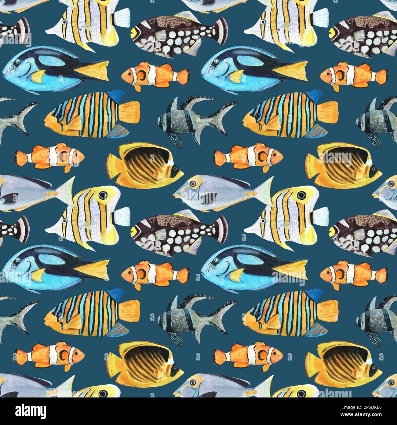 Seamless pattern with colorful tropical coral fish. Watercolor ...